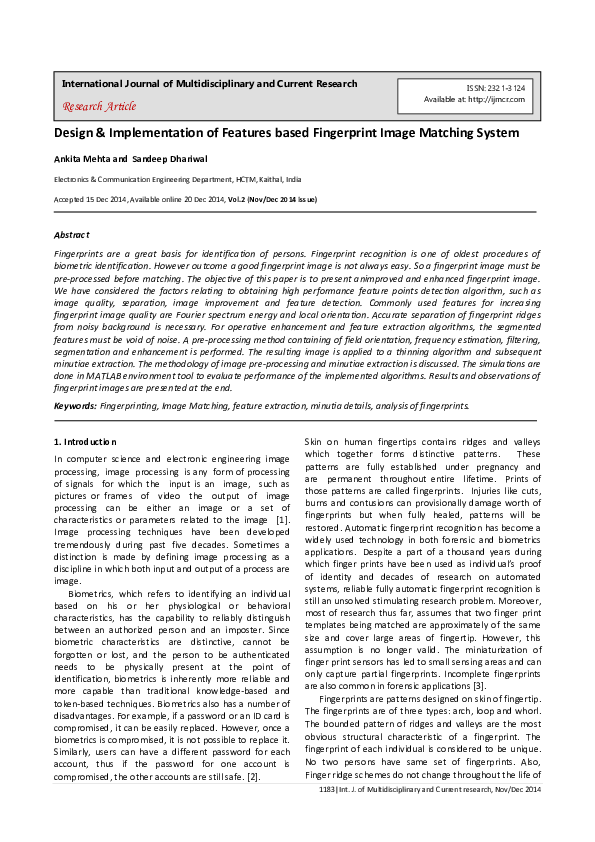 (PDF) Design & Implementation of Features based Fingerprint Image Matching System