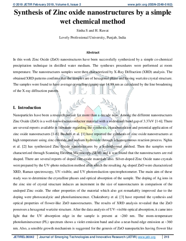 (PDF) Synthesis of Zinc oxide nanostructures by a simple wet chemical method