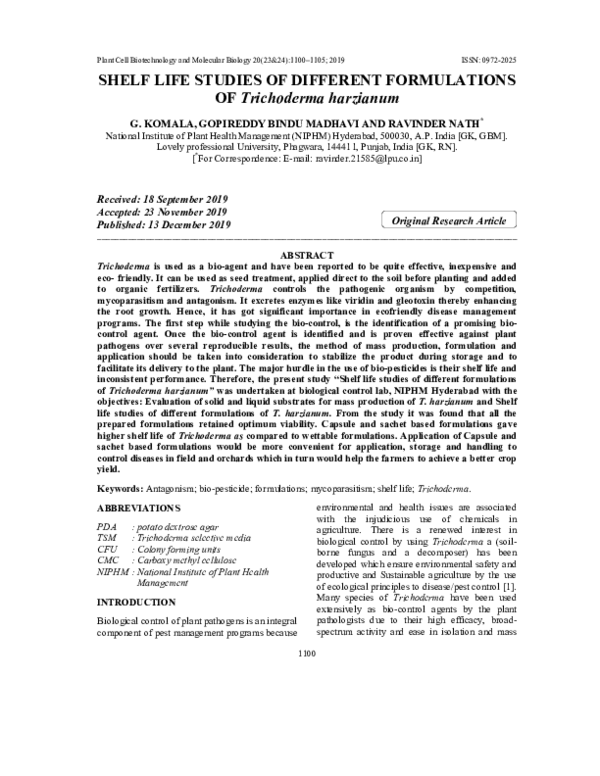 (PDF) SHELF LIFE STUDIES OF DIFFERENT FORMULATIONS OF Trichoderma harzianum | Ravinder Nath ...