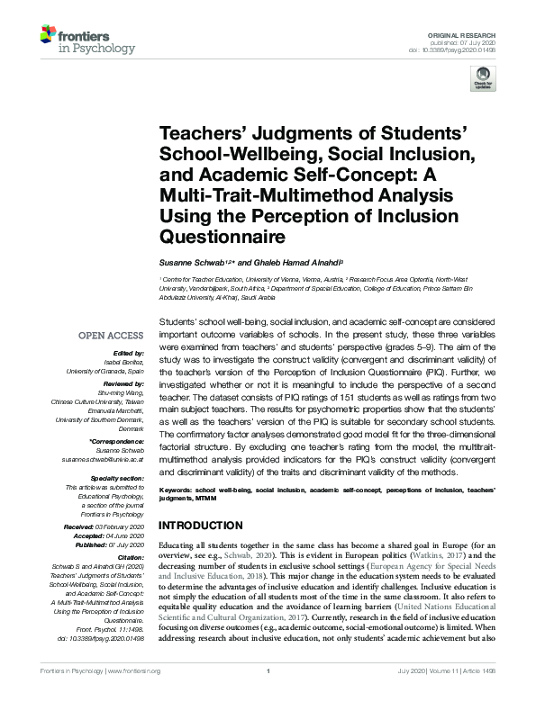 (PDF) Teachers’ Judgments of Students’ School-Wellbeing, Social ...
