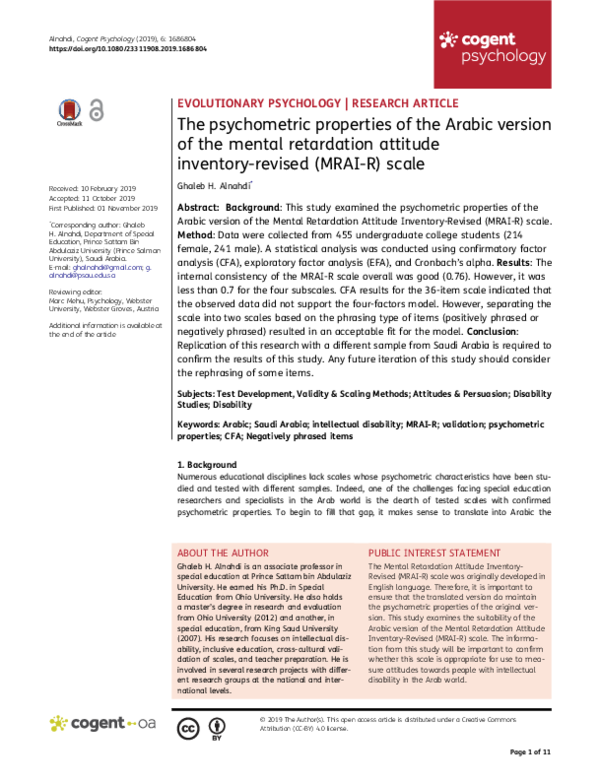 (PDF) The psychometric properties of the Arabic version of the mental retardation attitude ...