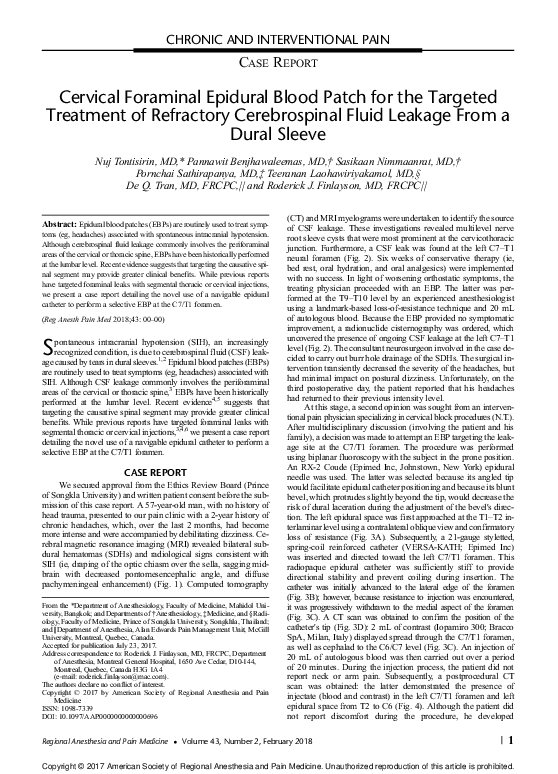 (PDF) Cervical Foraminal Epidural Blood Patch for the Targeted ...