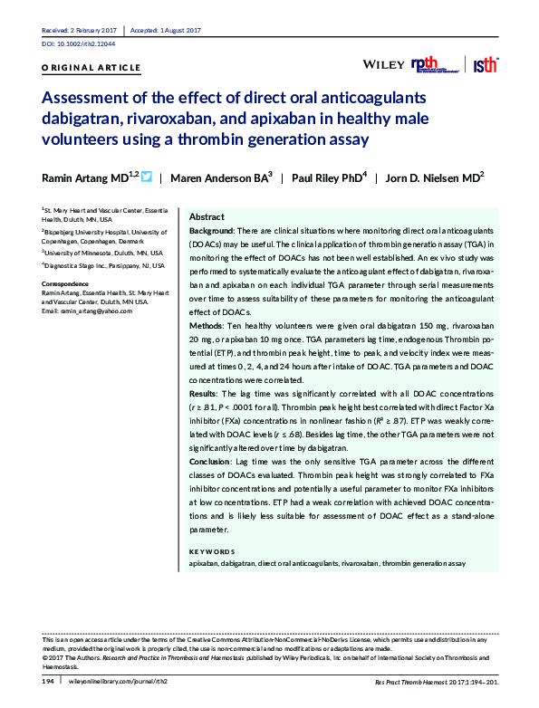 Pdf Assessment Of The Effect Of Direct Oral Anticoagulants Dabigatran Rivaroxaban And