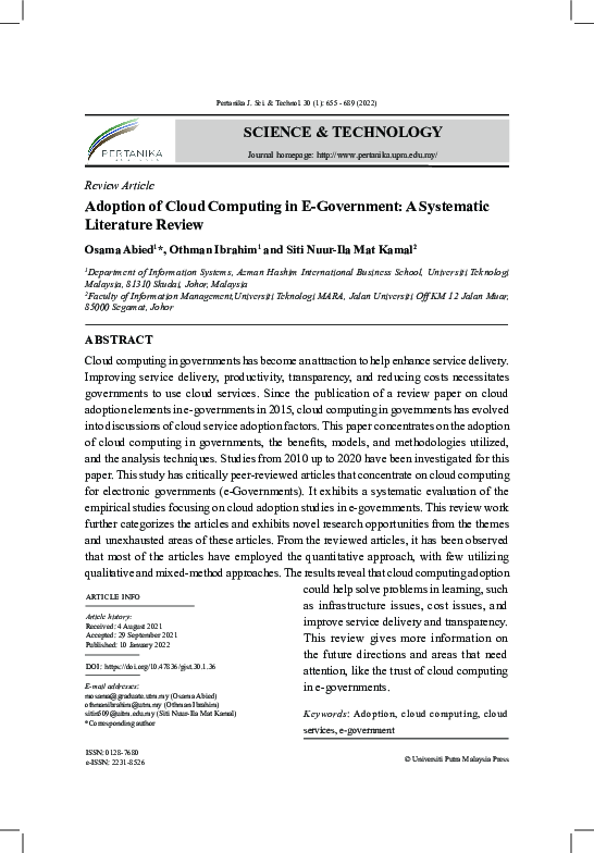 (PDF) Adoption of Cloud Computing in E-Government: A Systematic Literature Review