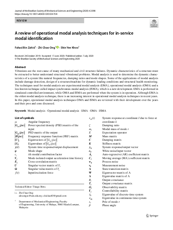 Pdf A Review Of Operational Modal Analysis Techniques For In Service Modal Identification 