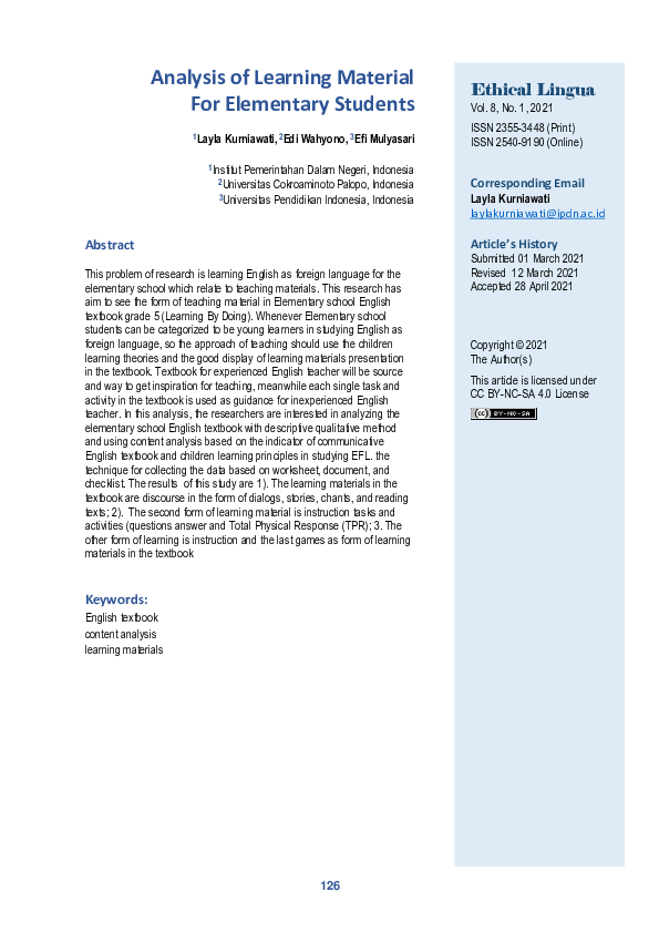 (PDF) Analysis of Learning Materials For Elementary Students