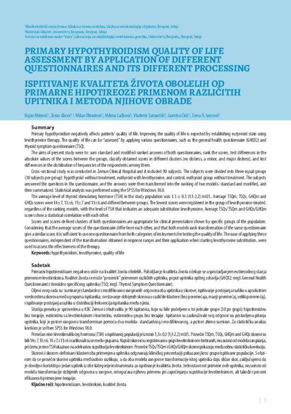 (PDF) Primary hypothyroidism quality of life assessment by application of different ...