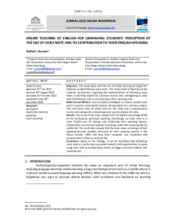 (PDF) Online Teaching of English for Librarians: Students’ Perception ...