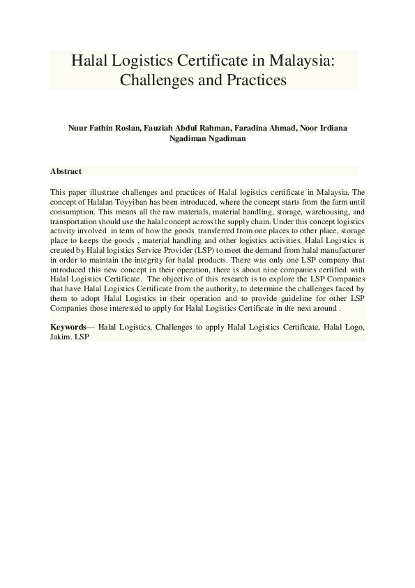 (PDF) Halal Logistics Certificate in Malaysia: Challenges and Practices