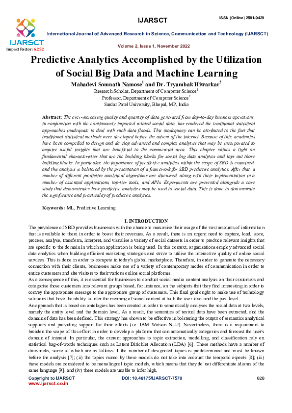 (PDF) Predictive Analytics Accomplished by the Utilization of Social Big Data and Machine Learning
