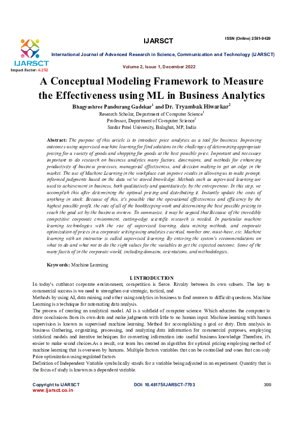 (PDF) A Conceptual Modeling Framework to Measure the Effectiveness using ML in Business Analytics