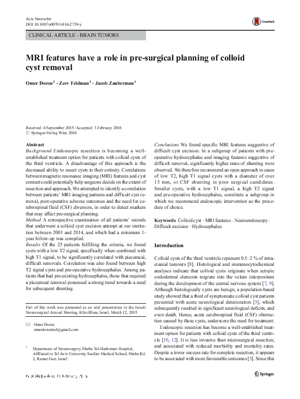 (PDF) MRI features have a role in pre-surgical planning of colloid cyst ...