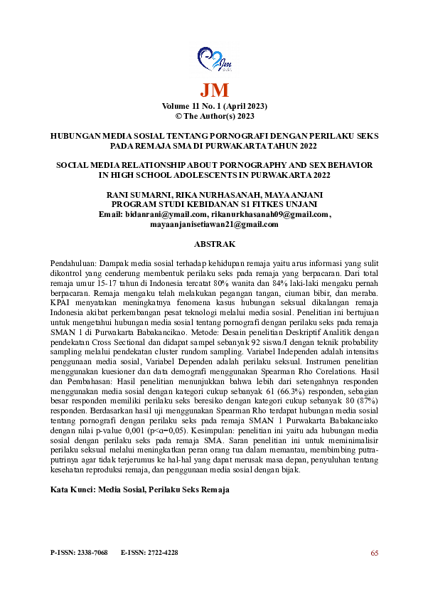 (PDF) Hubungan Media Sosial Tentang Pornografi Dengan Perilaku Seks Pada Remaja Sma DI ...