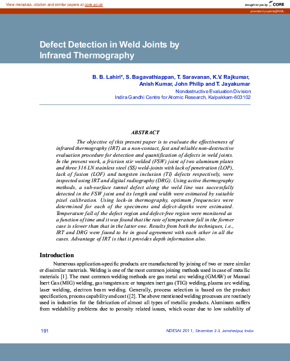 Pdf Defect Detection In Weld Joints By Infrared Thermography Anish