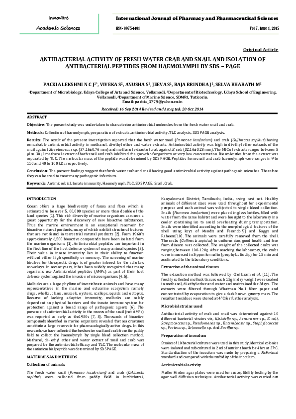 (PDF) ANTIBACTERIAL ACTIVITY OF FRESH WATER CRAB AND SNAIL AND ...