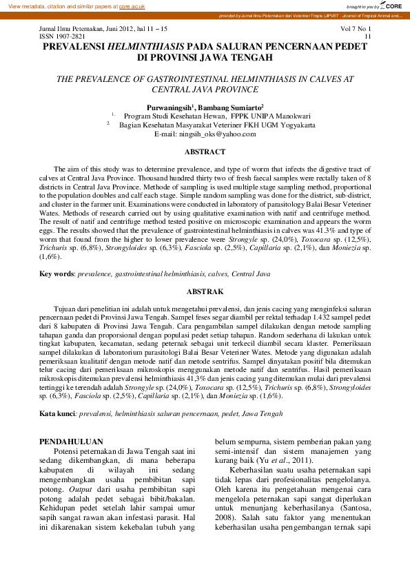 (PDF) Prevalensi Helminthiasis Pada Saluran Pencernaan Pedet DI ...