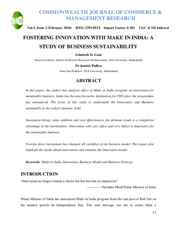 (PDF) Fostering Innovation with Make in India: A Study of Business Sustainability | Ashutosh ...