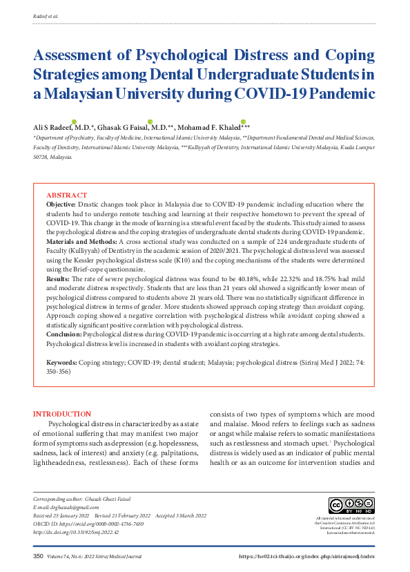 (PDF) Assessment of Psychological Distress and Coping Strategies among ...