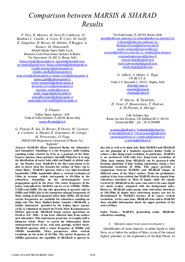 (PDF) Comparison between MARSIS & SHARAD results
