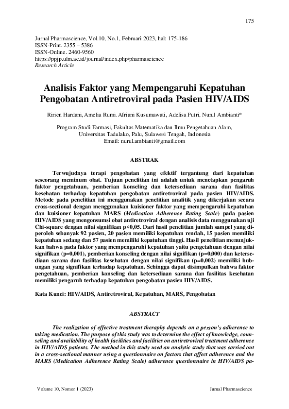 (PDF) Analisis Faktor yang Mempengaruhi Kepatuhan Pengobatan Antiretroviral pada Pasien HIV/AIDS
