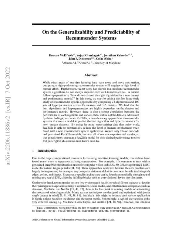 (PDF) On the Generalizability and Predictability of Recommender Systems