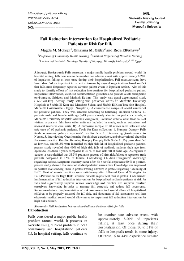 (PDF) Fall Reduction Intervention for Hospitalized Pediatric Patients ...