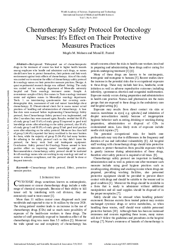 (PDF) Chemotherapy Safety Protocol For Oncology Nurses: It'S Effect On ...