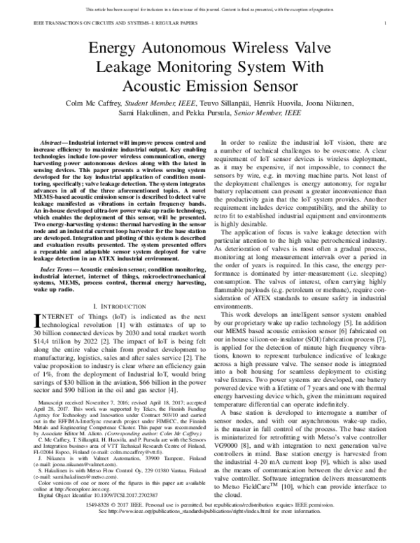 (PDF) Energy Autonomous Wireless Valve Leakage Monitoring System With ...