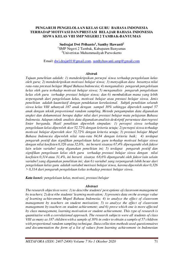 (PDF) Pengaruh Pengelolaan Kelas Guru Bahasa Indonesia Terhadap Motivasi Dan Prestasi Belajar ...