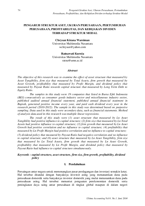 (PDF) Pengaruh Struktur Aset, Ukuran Perusahaan, Pertumbuhan Perusahaan, Profitabilitas, dan ...