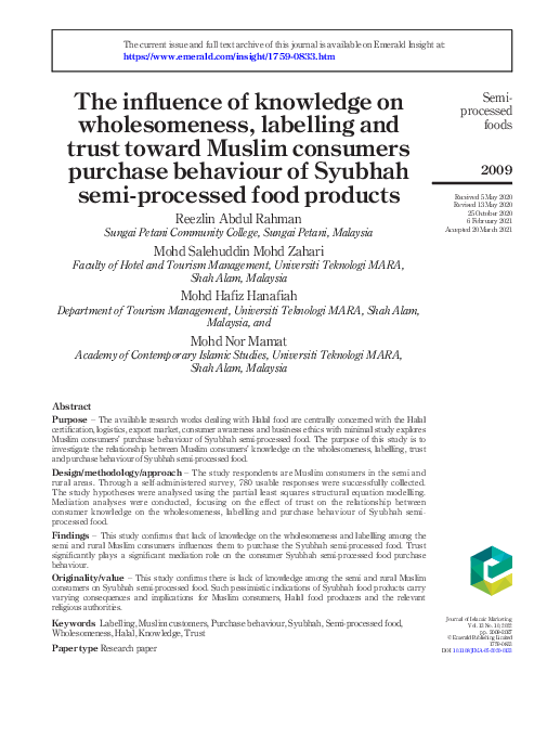 (PDF) The influence of knowledge on wholesomeness, labelling and trust toward Muslim consumers ...