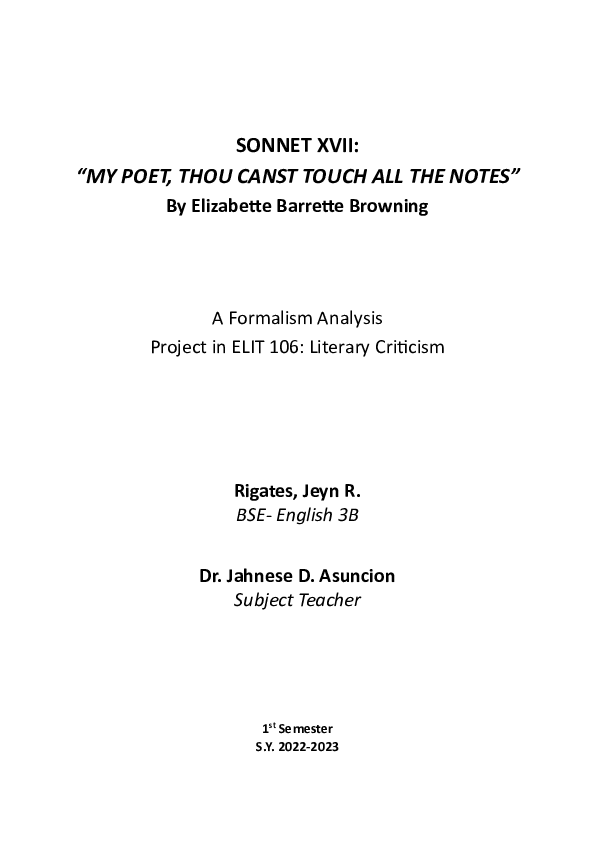 (PDF) SONNET 17 BY ELIZABETH BARRETTE BROWNING A FORMALISM ANALYSIS