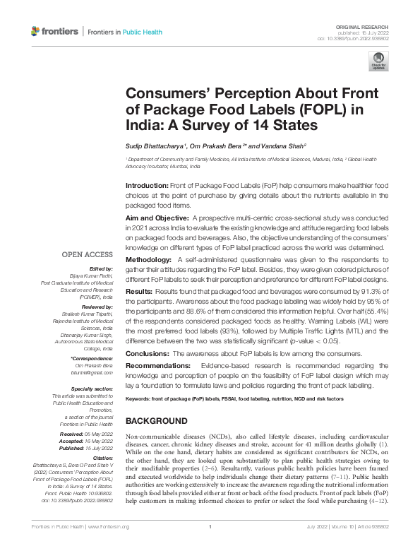(PDF) Consumers' Perception About Front of Package Food Labels (FOPL ...