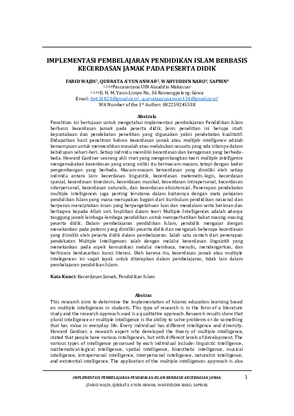 (PDF) IMPLEMENTASI PEMBELAJARAN PENDIDIKAN ISLAM BERBASIS KECERDASAN JAMAK