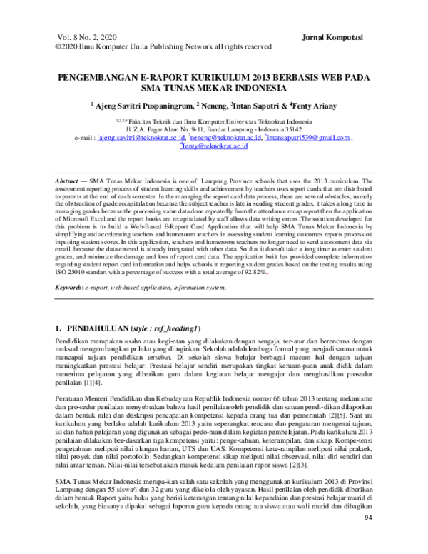 (PDF) Pengembangan E-Raport Kurikulum 2013 Berbasis Web Pada Sma Tunas Mekar Indonesia