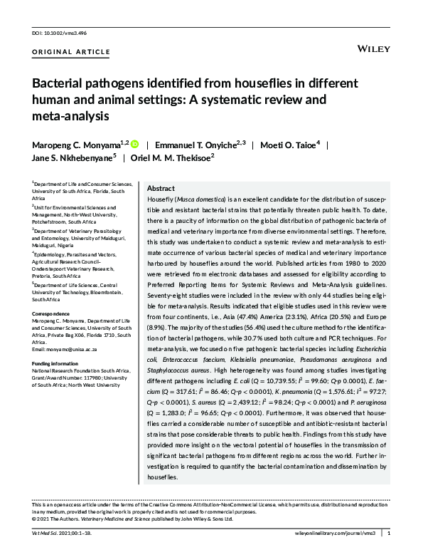 (PDF) Bacterial pathogens identified from houseflies in different human ...