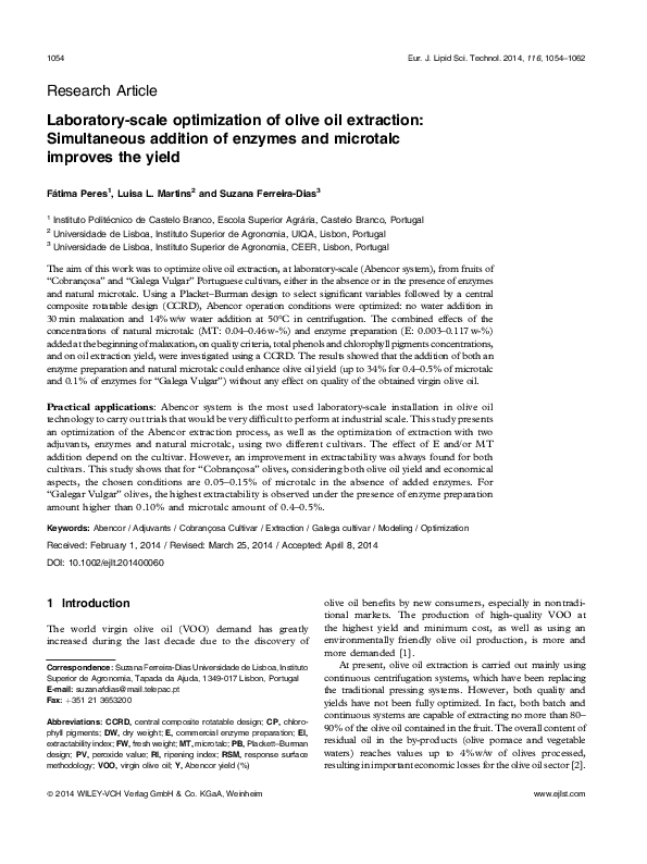 (PDF) Laboratory‐scale optimization of olive oil extraction ...