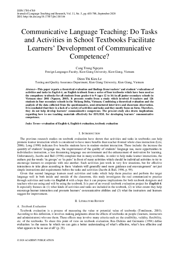 (PDF) Communicative Language Teaching: Do Tasks and Activities in School Textbooks Facilitate ...