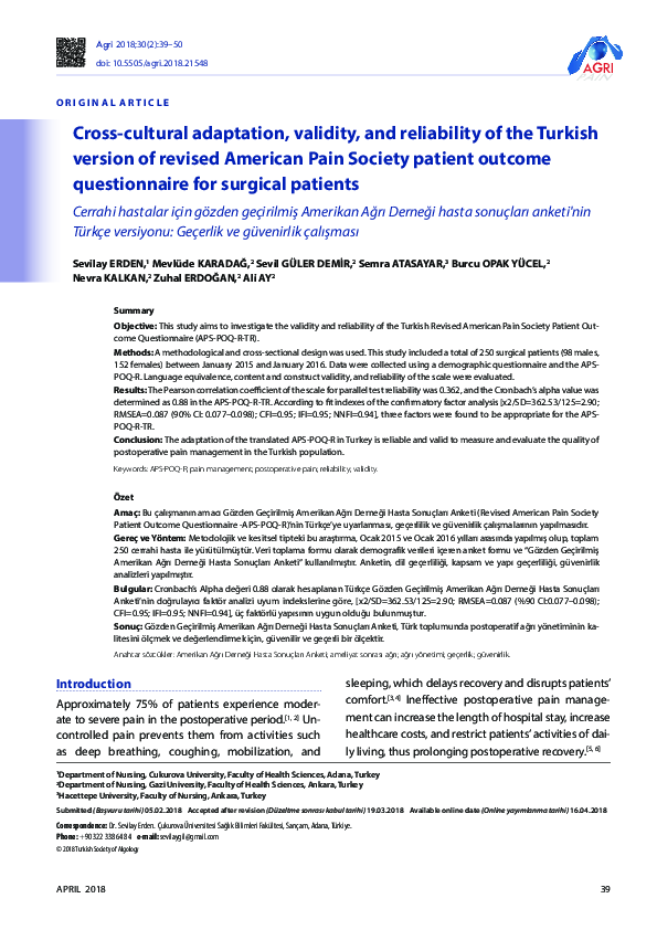 Pdf Cross Cultural Adaptation Validity And Reliability Of The Turkish Version Of Revised