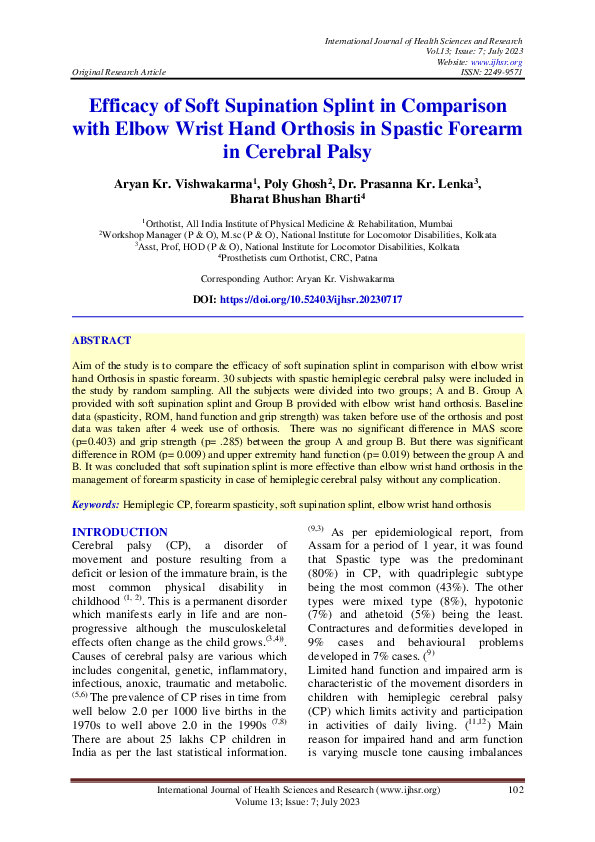 (PDF) Efficacy of Soft Supination Splint in Comparison with Elbow Wrist ...
