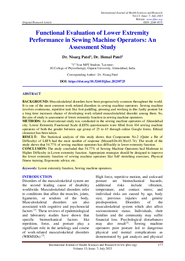 (PDF) Functional Evaluation of Lower Extremity Performance in Sewing ...