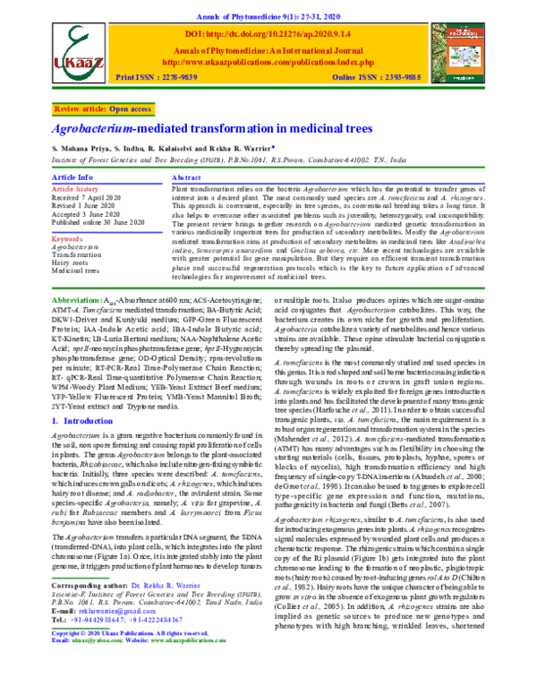 (PDF) Agrobacterium-mediated transformation in medicinal trees | Indhu Indhu - Academia.edu