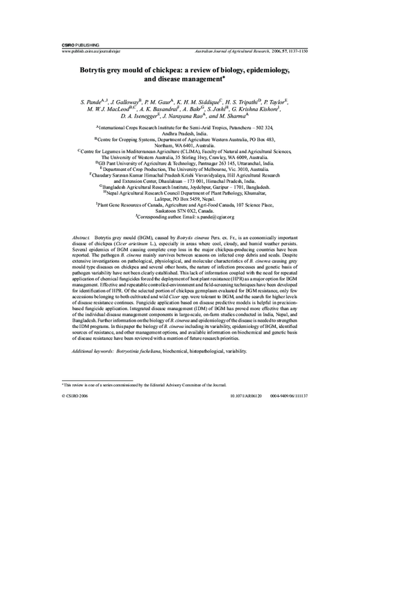 (PDF) Botrytis grey mould of chickpea: a review of biology ...