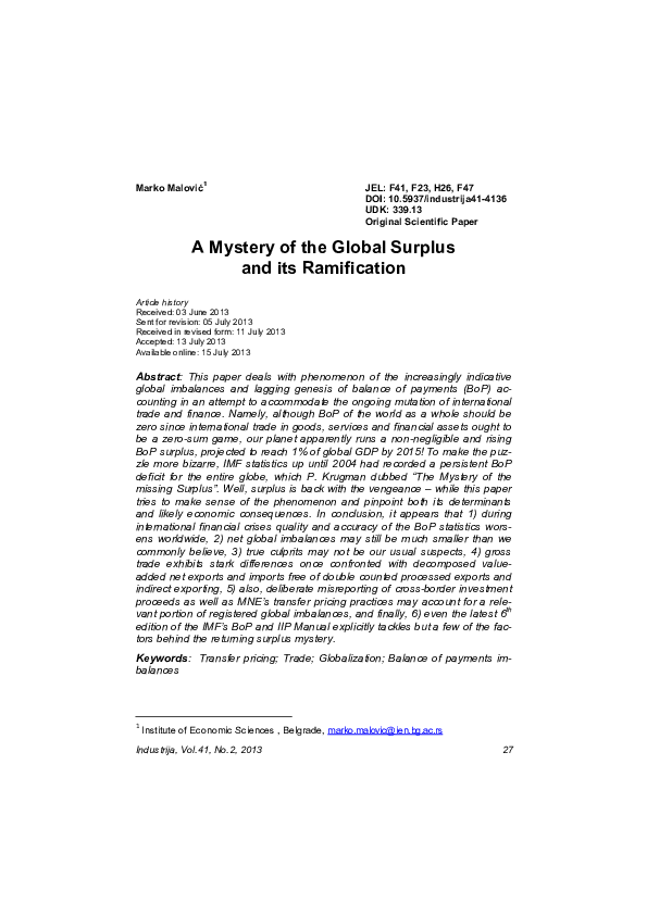 (PDF) A mystery of the global surplus and its ramification