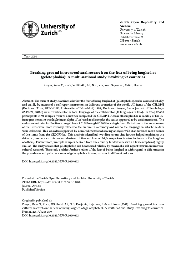 (PDF) Breaking ground in cross-cultural research on the fear of being ...