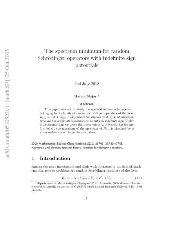 Pdf The Spectrum Minimum For Random Schrödinger Operators With Indefinite Sign Potentials