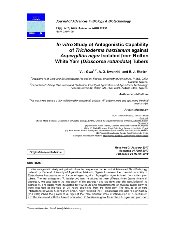 (PDF) In vitro Study of Antagonistic Capability of Trichoderma harzianum against Aspergillus ...