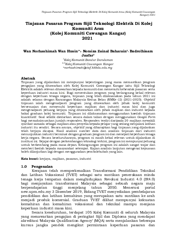 (PDF) Tinjauan Pasaran Program Sijil Teknologi Elektrik Di Kolej Komuniti Arau (Kolej Komuniti ...