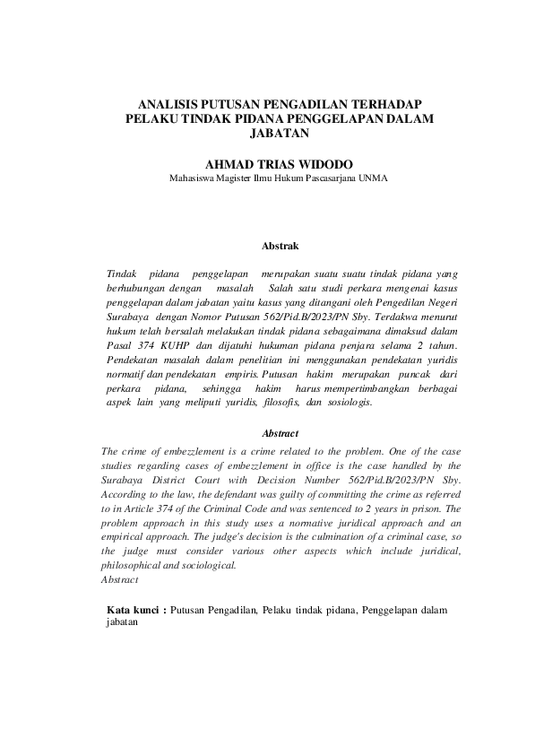 (PDF) ANALISIS PUTUSAN PENGADILAN TERHADAP PELAKU TINDAK PIDANA PENGGELAPAN DALAM JABATAN