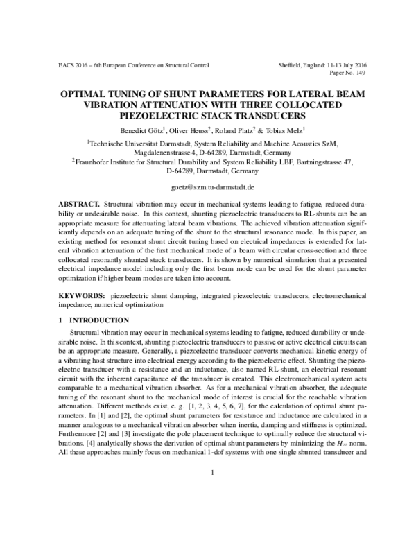 (PDF) EACS 2016 paper - OPTIMAL TUNING OF SHUNT PARAMETERS FOR LATERAL BEAM VIBRATION ...